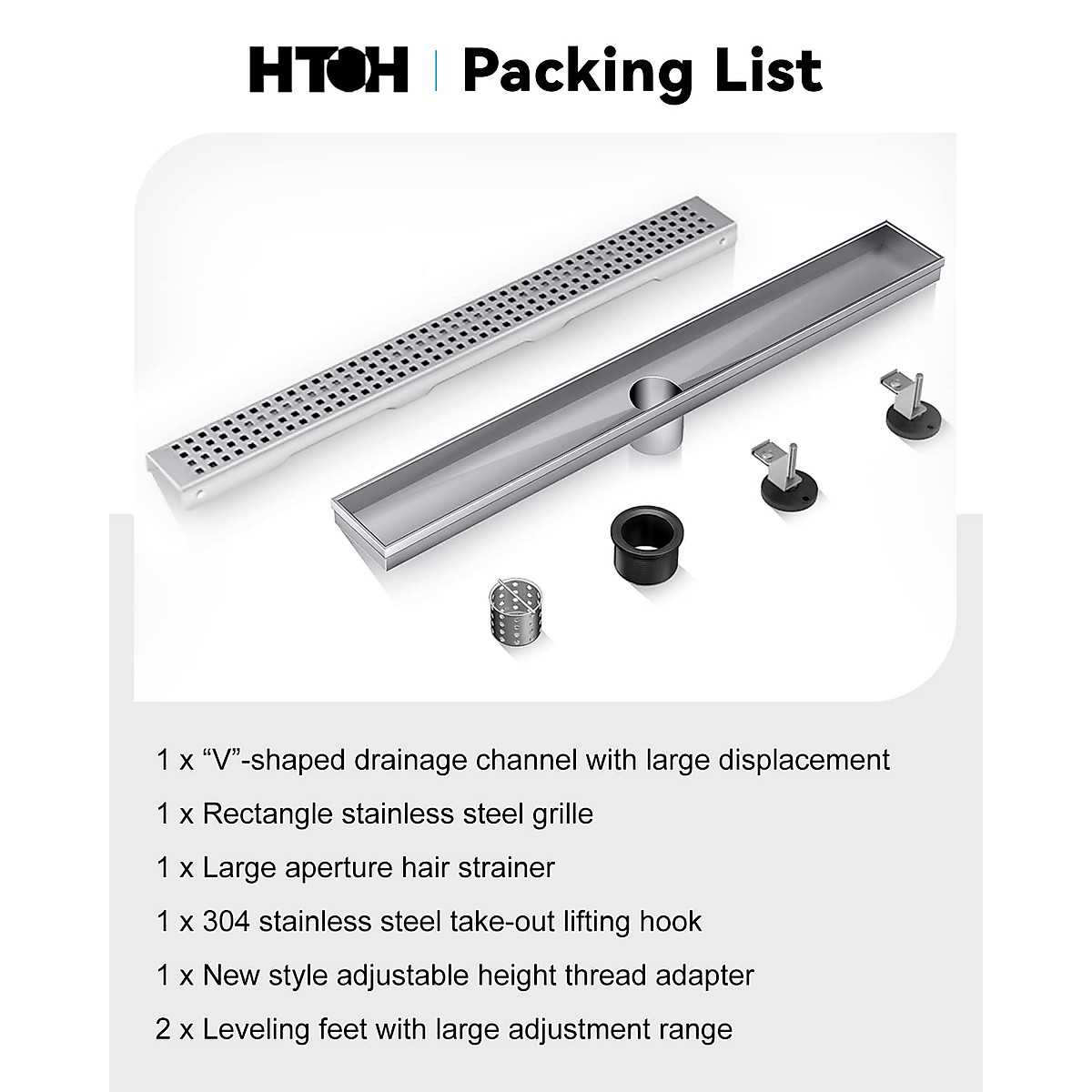HTOH Shower Drain, Linear Shower Drain 24 Inch(Brushed Nickel),Modern 304 Stainless Steel Shower Floor Drain with Grate Removable, Adjustable Leveling Feet, Rectangular Shower Drain