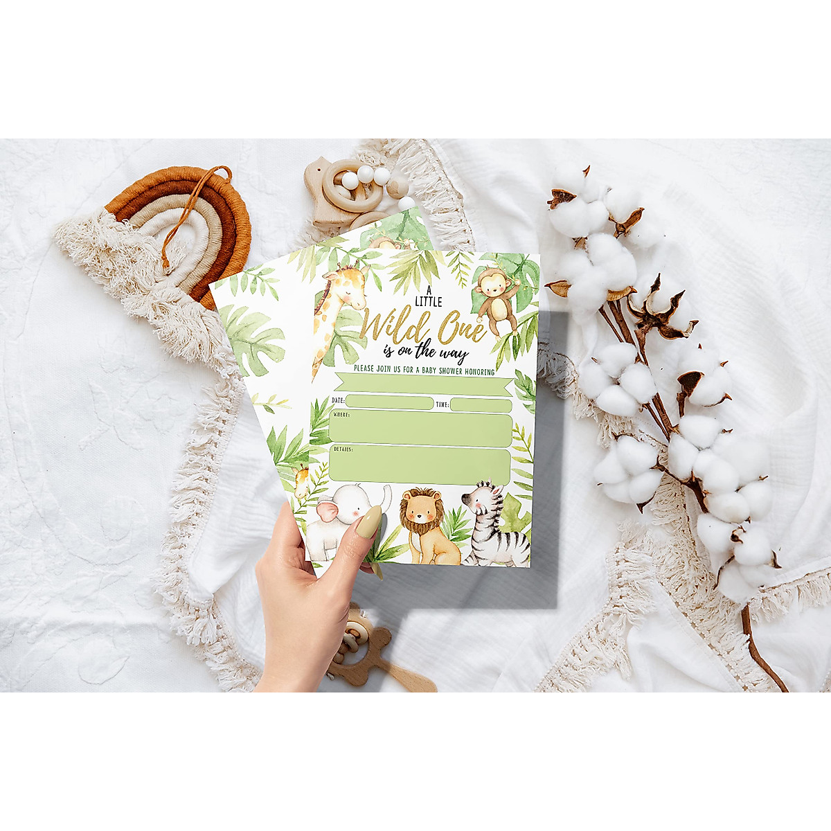 Your Main Event Prints Jungle Baby Shower Invitations, Safari Elephant, Giraffe, Lion and Monkey Baby Shower Invites with Diaper Raffles Cards, Sprinkle, 20 Invites Including Envelopes