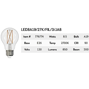 Bulbrite (10 Pack) 776774 Filament Supports Title 24 Part 6 JA8 LED Filament Light Bulb, 2700K, 8.5 Watts, 850 Lumens, CRI 90, 120 Volts, Bulb Type A19, Warm White Light with a E26 Medium Base
