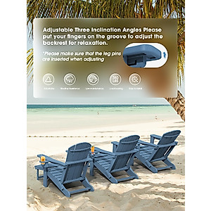 KINGYES Chair with Cup Holder, Wood-Like Reclining Versatile Adirondack Chair, Blue