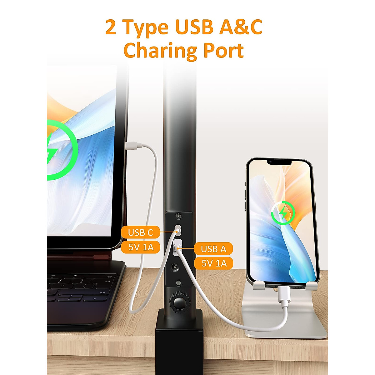 Desk Lamp for Home Office, Eye-Caring LED Desk Lamp with USB C+A Charging Port, Architect Desk Light 5 Lighting 5 Brightness, Flexible Gooseneck Clamp for Reading Study