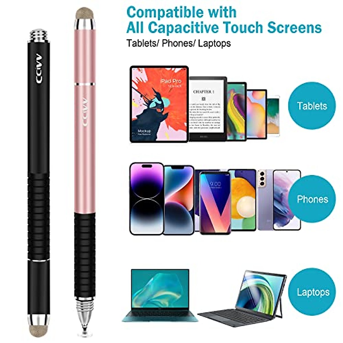 CCIVV Stylus Pen 2 in 1 Fine Point & Mesh Tip for Touch Screen, Compatible for Tablet and Cellphone (1Pc, Rose Gold)