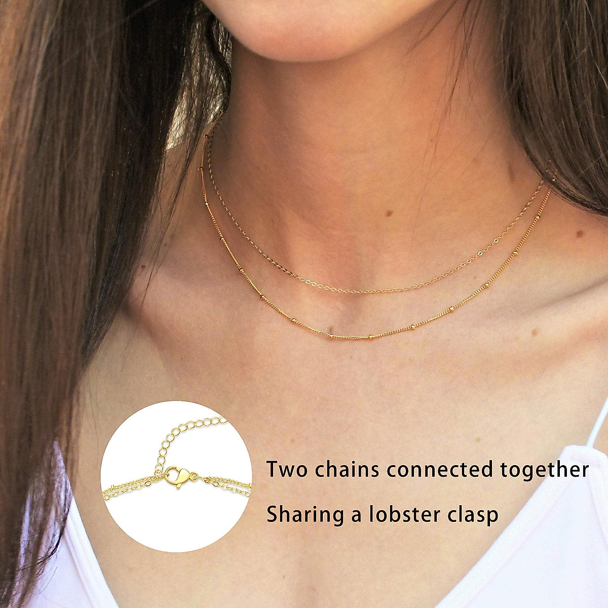 CHESKY Dainty Gold Necklace for Women, Simple Gold Satellite Choker Necklace 14k Real Gold Plated Thin Layered Necklace Womens Trendy Gold Filled Double Choker Necklaces Dainty Jewelry Gift for Her
