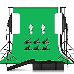 Walk Fly 7x10FT Muslin Backdrop Screen Kit, Photography Continuous Lighting and Collapsible Backdrop Stand Set, Background Support System with 20" x 27" Softbox Light for Photo Video Studio Shooting