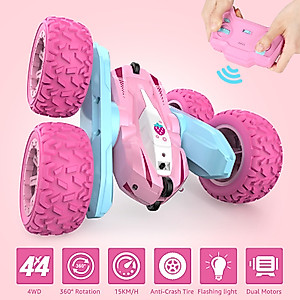 NUOKE Remote Control Car, Pink RC Cars for Girls, Rechargeable RC Truck, 2.4Ghz Double Sided 360° Rotating Stunt Car Toy with Headlights, Birthday Gift for Kids Age 3+