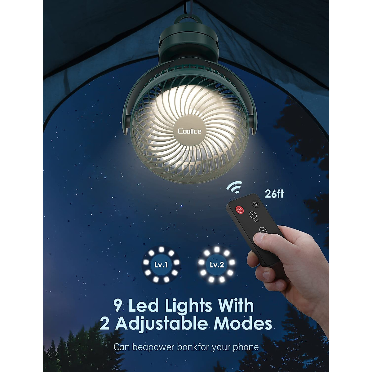 Camping Fan with Remote Control - 65Hrs 12000mAh Rechargeable Fan, 3 Speeds & Timing Battery Powered Fan with Light & Hook, Tent Fan for Camping, Camp Fan for Tent, Battery Operated Fan, Green
