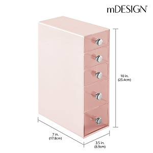 mDesign Plastic 5-Drawer Organizer for Makeup Storage - 5-Tier Storage Organizer - Stackable Organization with Pull-Out Drawers for Bathroom, Vanity, or Desk - Lumiere Collection, Light Pink/Clear