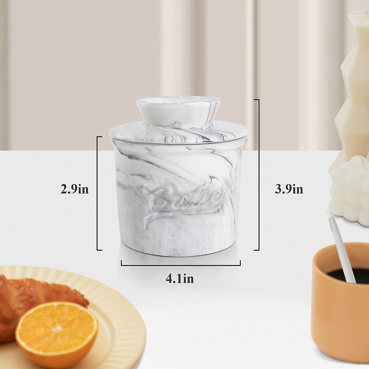 MSJGA Butter Crock for Counter with Water, French Butter Keeper for Spreadable Butter Marble Ceramic Butter Dish with Lid for Countertop, Butter Container Holder