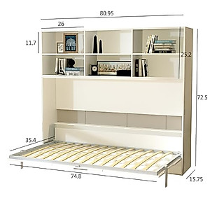Murphy Bed Twin, Horizontal Twin Size Murphy Bed Cabinet, Wall Bed with Self and Drawers, Wood Hideaway Folding Hidden Beds for Platform Bedroom, Guest Room, Studio or Home Office, White