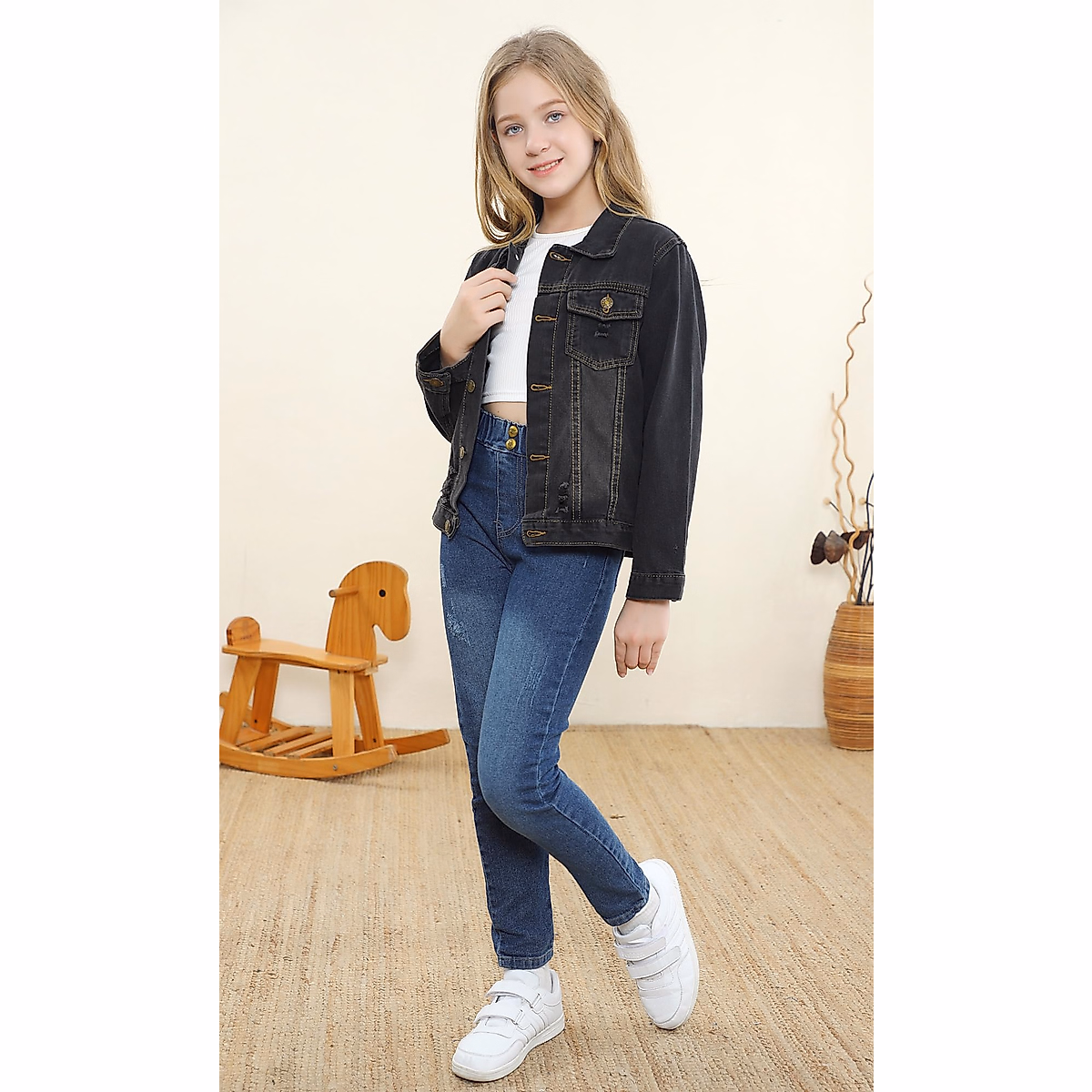 Cromoncent Boys Girls Child Casual Denim Jacket Kids Toddler Button Down Coat，Denim Black 5-6Y