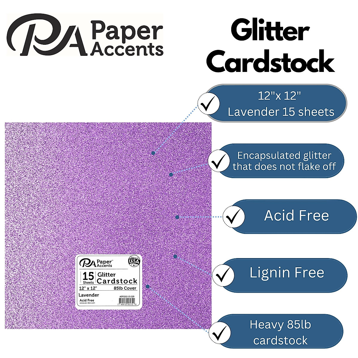 PA Paper Accents Glitter Cardstock 12" x 12" Lavender, 85lb colored cardstock paper for card making, scrapbooking, printing, quilling and crafts, 15 piece pack