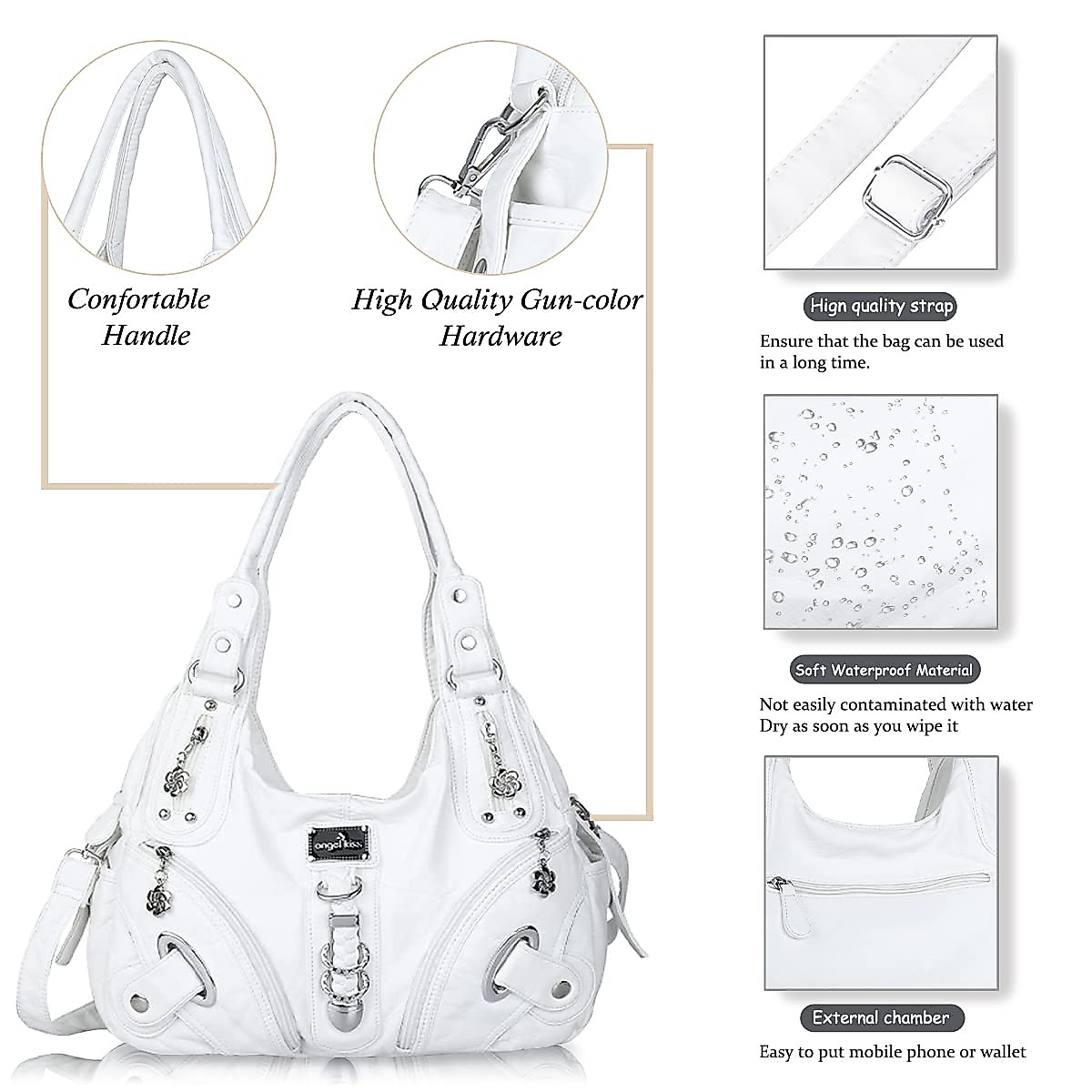 Angelkiss Women Multiple Pockets Purses and Handbags Washed Leather, Two Top Zippers Closure, White