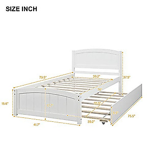 Rockjame Twin Platform Bed with Trundle, Minimalistic Stylish Wood Bed Frame, Easy to Install (White)