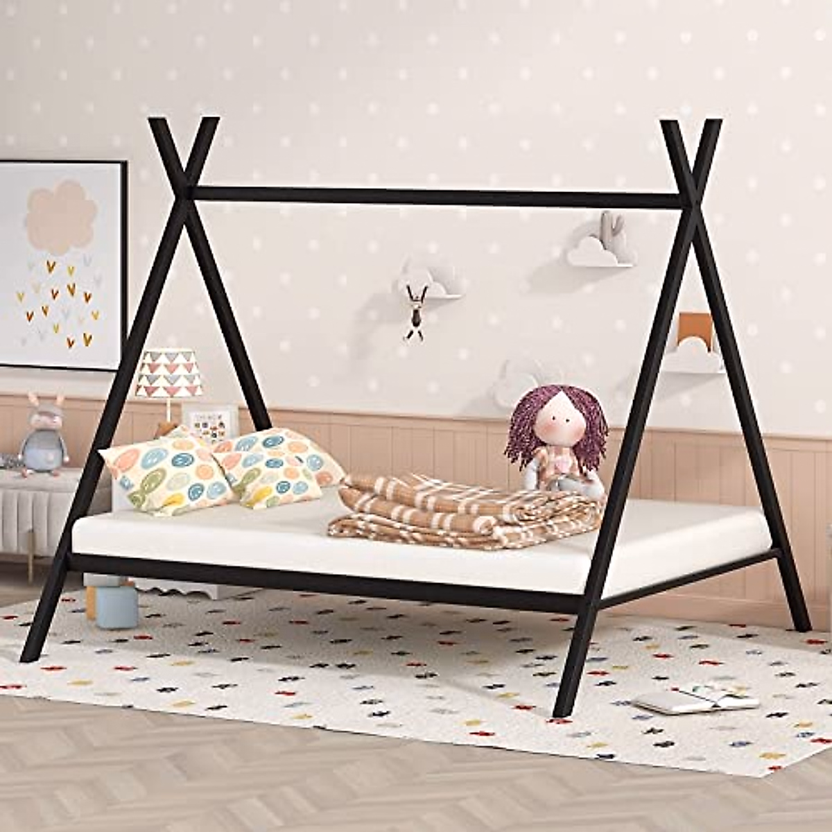 Epinki House Bed Tent Bed Frame Full Size Metal Floor Play House Bed with Slat for Kids Girls Boys, No Box Spring Needed Black