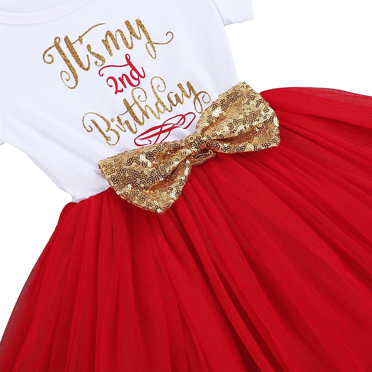 Kids Girl Princess It's My 1st/2nd Birthday Party Cake Smash Boutique Outfit Sequin Bow Tie Tulle Tutu Dress Clothes Gold Headband+Red(2 Years)