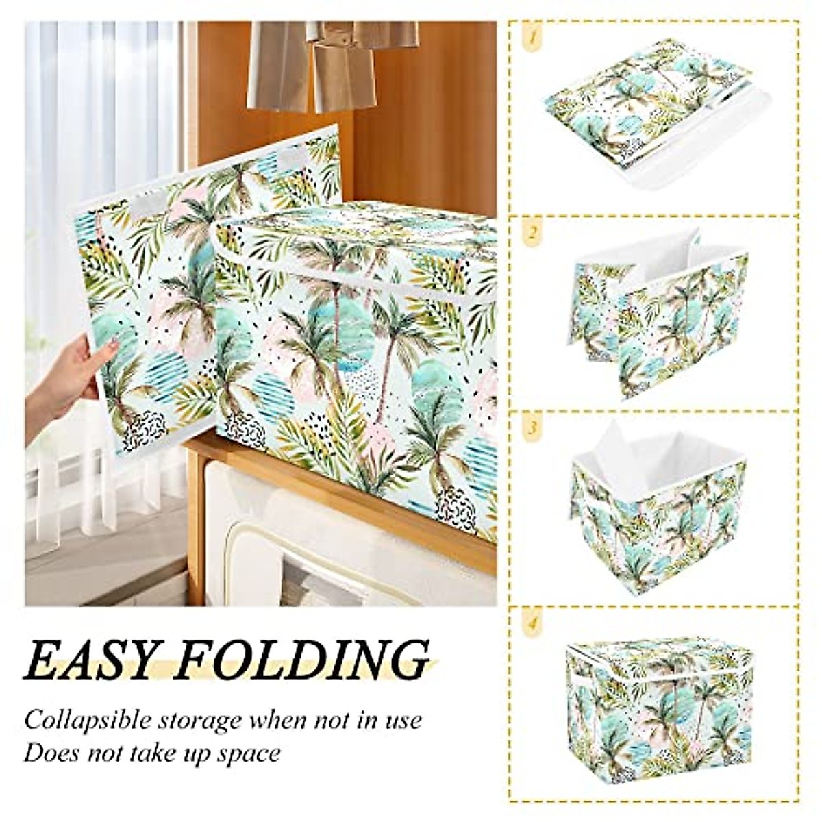 CaTaKu Geometric Palm Tree Storage Bins with Lids Fabric Large Storage Container Cube Basket with Handle Decorative Storage Boxes for Organizing Clothes Shelves