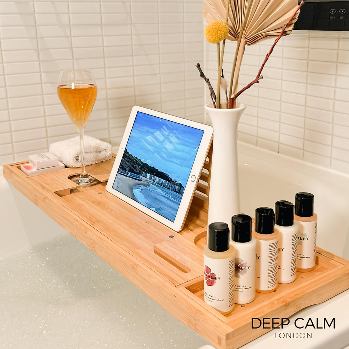 Deep Calm Bathtub Tray Caddy - Bamboo Foldable Bath Tub Table, Expandable Bath Tray Holds All Bathtub Accessories, Perfect Luxury Relaxing Gift for Self Care