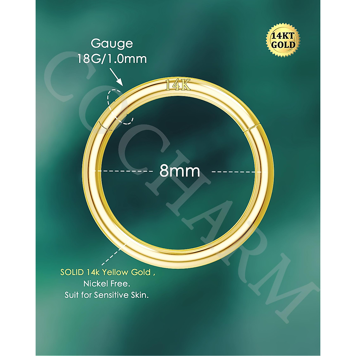 COCHARM 18 Gauge Cartilage Earrings 14k Solid Gold 18g Nose Septum Rings 8mm Helix Daith Earrings for Women