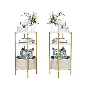 FINETONES Round End Table, 3-Tier Side Table Accent Table with Detachable Linen Basket and 2 Tier Storage Shelf, Modern Bedside Sofa Coffee Table for Living Room, Bedroom, White/Gold, 2 Tables