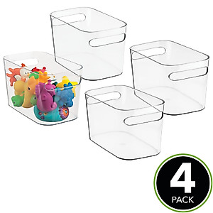 mDesign Deep Plastic Toy Bin with Handles - Storage Organizer for Kid Nursery, Playroom, Classroom - Hold Books, Action Figures, Blocks, Crayons, Dolls - 10" Long, Aura Collection, 4 Pack, Clear