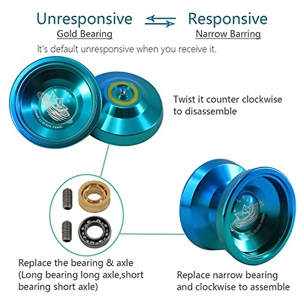 Professional Responsive Yoyo, Aluminum Yo Yo for Kids Beginner, Replacement Unresponsive Ball Bearing for Advanced Yoyo Players + 1 Glove + 5 Yoyo Strings (Blue-Green)