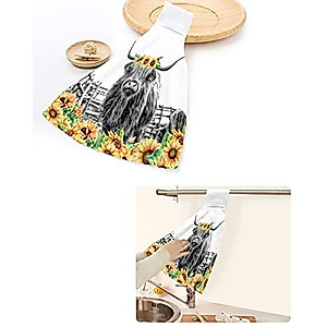 2PCS Hand Tie Towels for Bathroom Kitchen-Farm Highland Cow Sunflowers Decor Hanging Towel Tea Bar Dish Cloth Soft Coral Fleece Absorbent Washcloth,Black White Animals