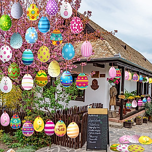 30 Pieces Easter Egg Outdoor Hanging Ornaments Outdoor Double Sided Lawn Decorations Easter Egg Yard Tree Porch Hanging Ornament Colorful Plastic Easter Egg for (Cute Style)