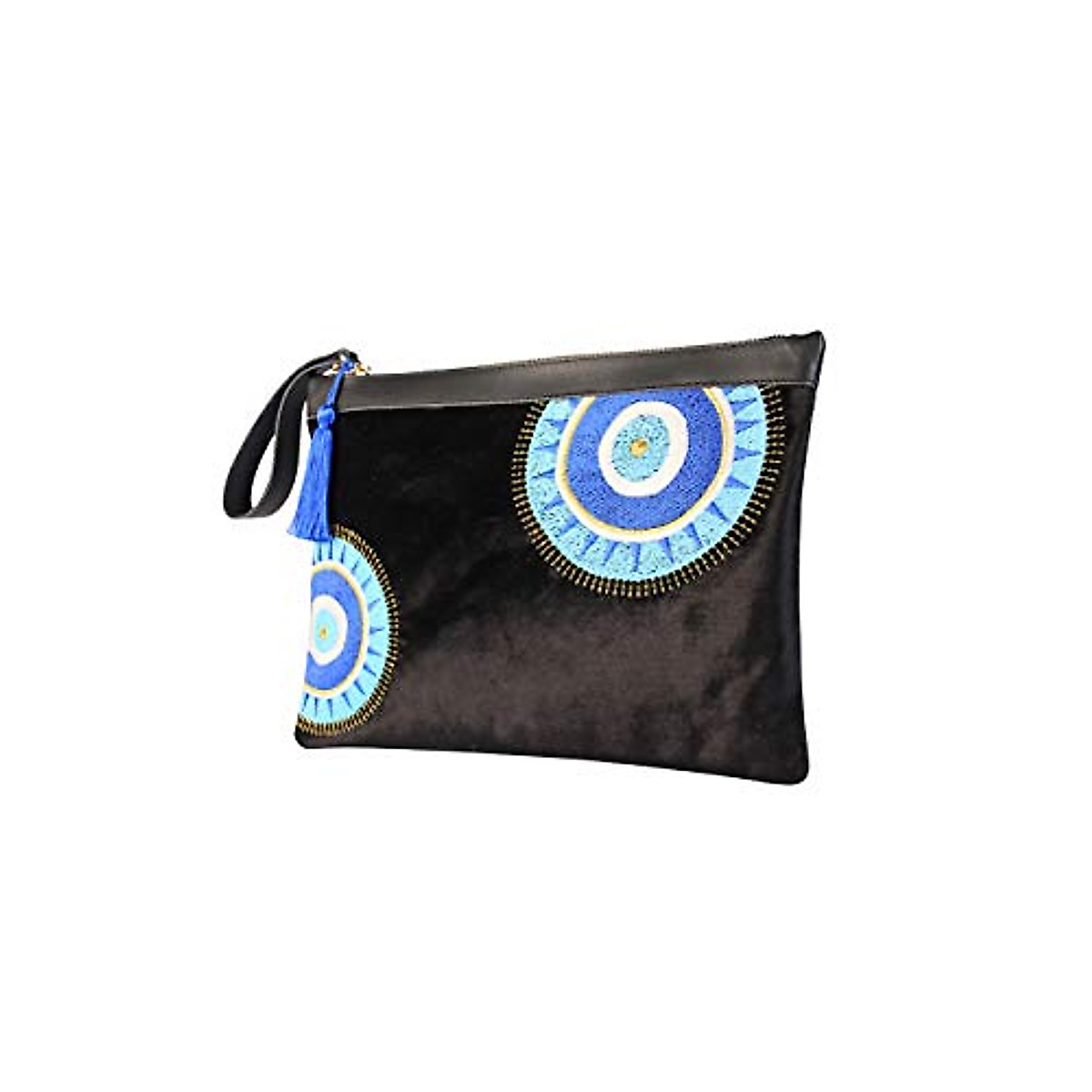 KarensLine Handmade Evil Eye Embroidered Black Velvet Clutch Bag Sunny Beach Summer Style, Medium
