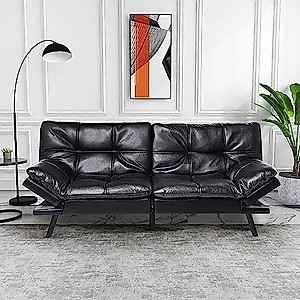 IULULU 70.5" Futon Sofa Bed Faux Leather Sleeper Couch, Convertible Split Loveseat Daybed with Adjustable Back and Arms for Small Spaces Room, Apartment, Office, Dark Black