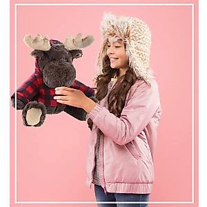 DolliBu Plush Moose with Red Plaid Hoodie - Soft Huggable Wild Life Moose, Adorable Playtime Zoo Moose Plush with Clothes, Cute Wildlife Cuddle Gift for Kids and Adults