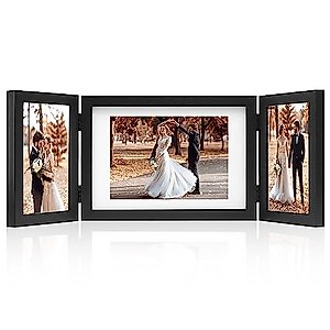 DECOCIAGA Hinged 3 Picture Frame 4x6 & 5x7 Folding Collage Photo Frames Multiple Wooden Desk Picture Frames with Mat for Office Tabletop or Wall Decor, Black