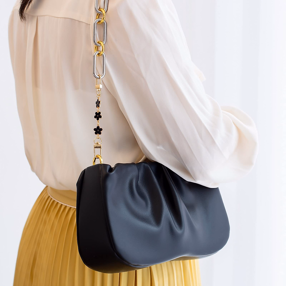 2Pcs Purse Strap Extenders Black White Crossbody Straps Replacement Bag Chains Decoration Accessories 5 Inches Shoulder Chains Extension Fit for Crossbody Handbag Purse Pochette Charms (Plum Bossom S)