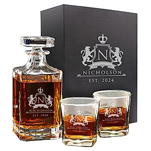 The Wedding Party Store, Customized Whiskey Decanter and Glasses Set - Custom Engraved and Personalized with Lion Design