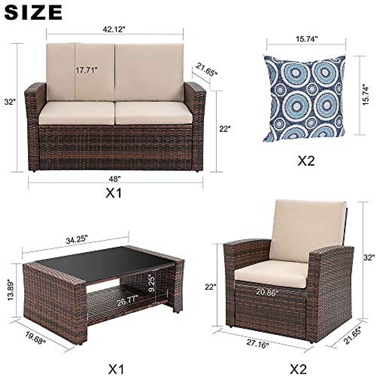 Walsunny Quality Outdoor Living,Outdoor Patio Furniture Sets,4 Piece Conversation Set Wicker Ratten Sectional Sofa with Seat Cushions (Brown)