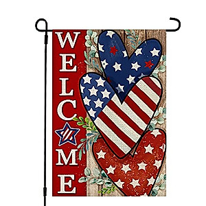 CROWNED BEAUTY 4th of July Patrioctic Welcome Garden Flag 12x18 Inch Double Sided USA Flag Hearts Blue Red Memorial Day Independence Day Outside Yard Party Decoration