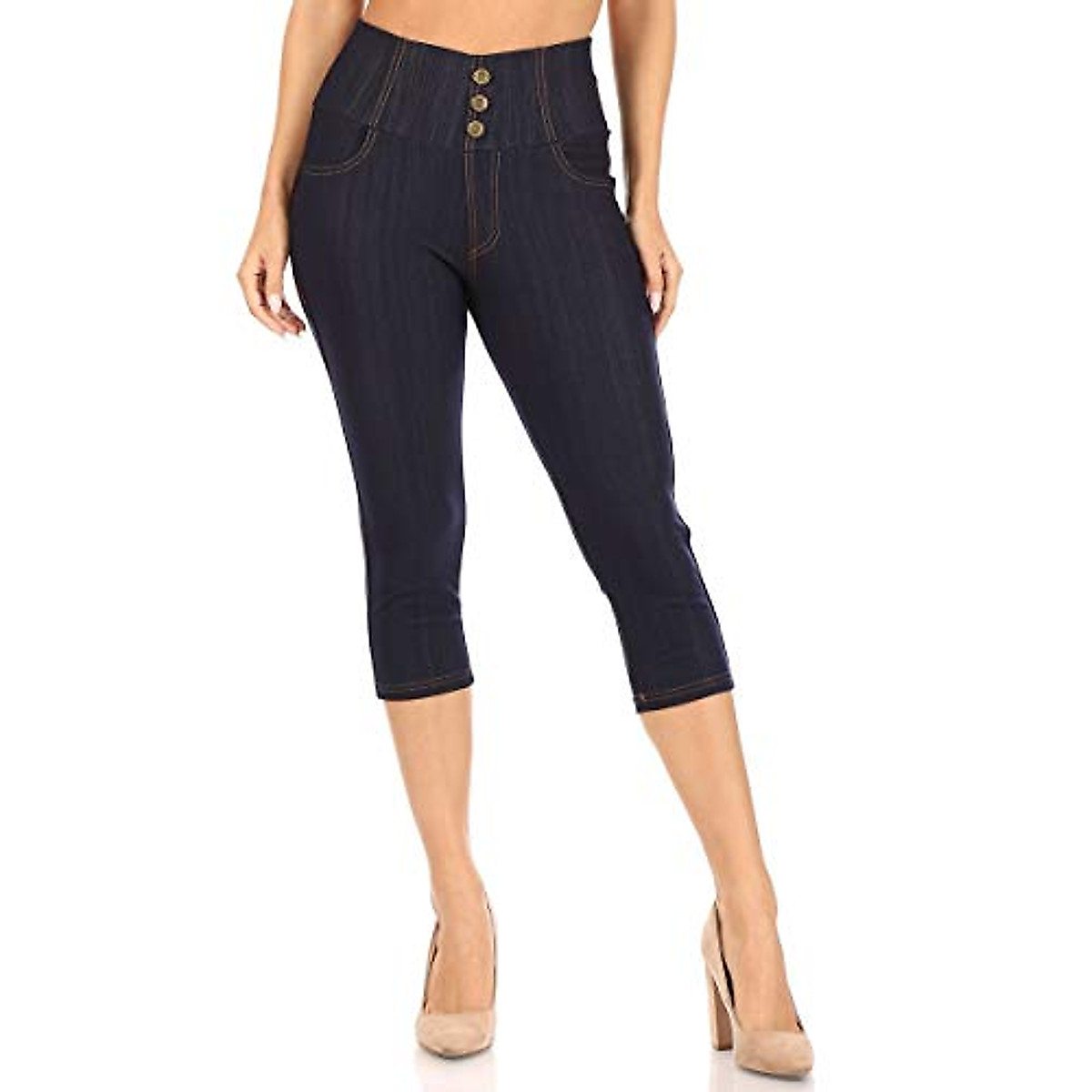 Women's High Waist Stretch Skinny Denim Capri Jeggings with Pockets Reg-Plus Size (XX-Large, Capri-Navy)