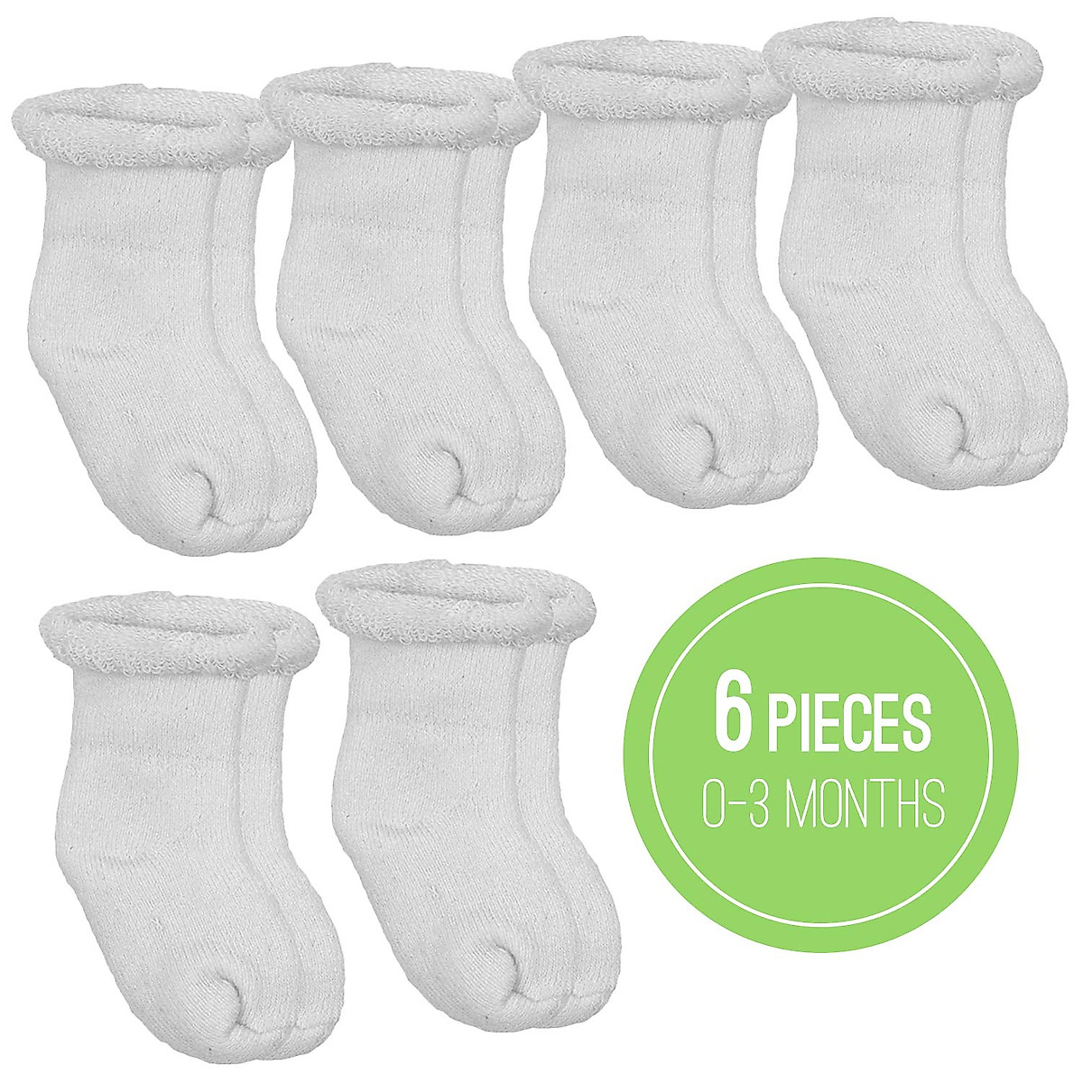 Kushies Newborn Terry Socks (White 6 pack, 0-3 Months)