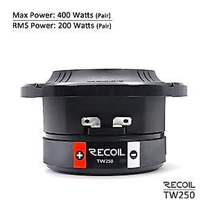 RECOIL TW250 High Compression Car Bullet Super Tweeters, 1-Inch High Temperature Kapton Voice Coil, Aluminum Frame and Diaphragm, 400 Watts Max, 200 Watts RMS, 4 Ohms, Pair
