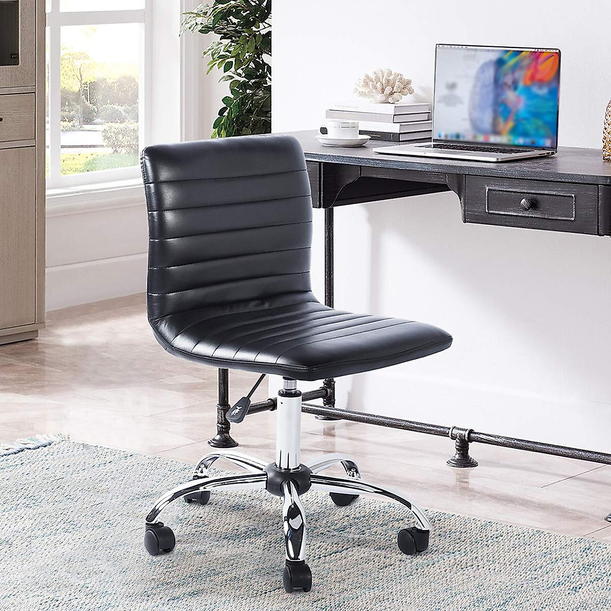 Homylin Leather Office Chair, Height Adjustable, Swivel Mid Low Back, Armless Ribbed Modern Computer Desk Chair with Casters for Home Administration Staff, Black