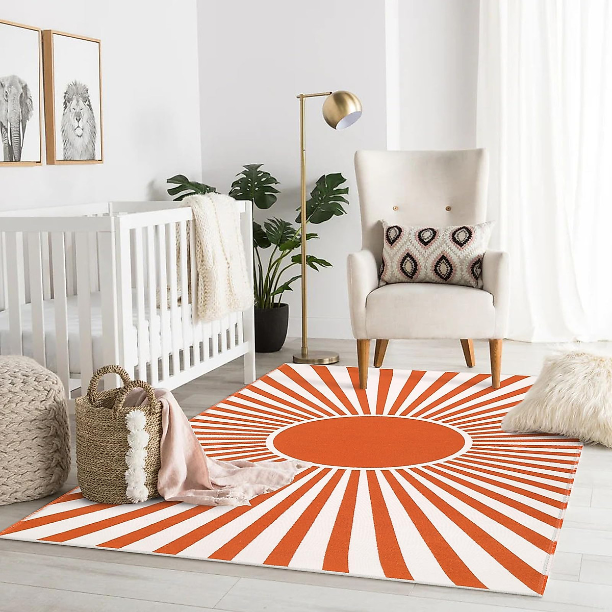 LEEVAN Boho Rug for Living Room, Machine Washable Rugs, Farmhouse 4x6 Rug Cotton Woven Bedroom Rug, Entryway Rugs Indoor, Orange&White