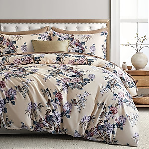 Chinoiserie Chic Peacock Floral Duvet Cover Paradise Botanical Garden Grouse Pheasant Bird and Tree Blossom Branches Vintage Long Staple Cotton Satin Bedding Set (Pastel, King)