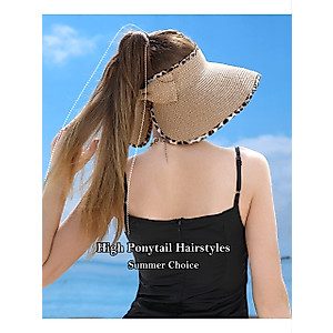 LA CARRIE Wide Brim UV Protection Sun Hats for Women with Leopard Trim Straw Roll Up Beach Visor Hat UPF 50+(Khaki with Leopard)