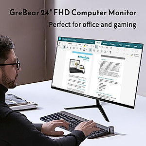 GreBear 24 Inch Computer Monitor, FHD 1080p PC Monitor 75hz Built in Speakers, 99% sRGB Low Blue Light Anti-Glare VA Screen Desktop Display w/HDMI/USB Type-C/Freesync Tilt Adjustable 75 x 75 mm VESA