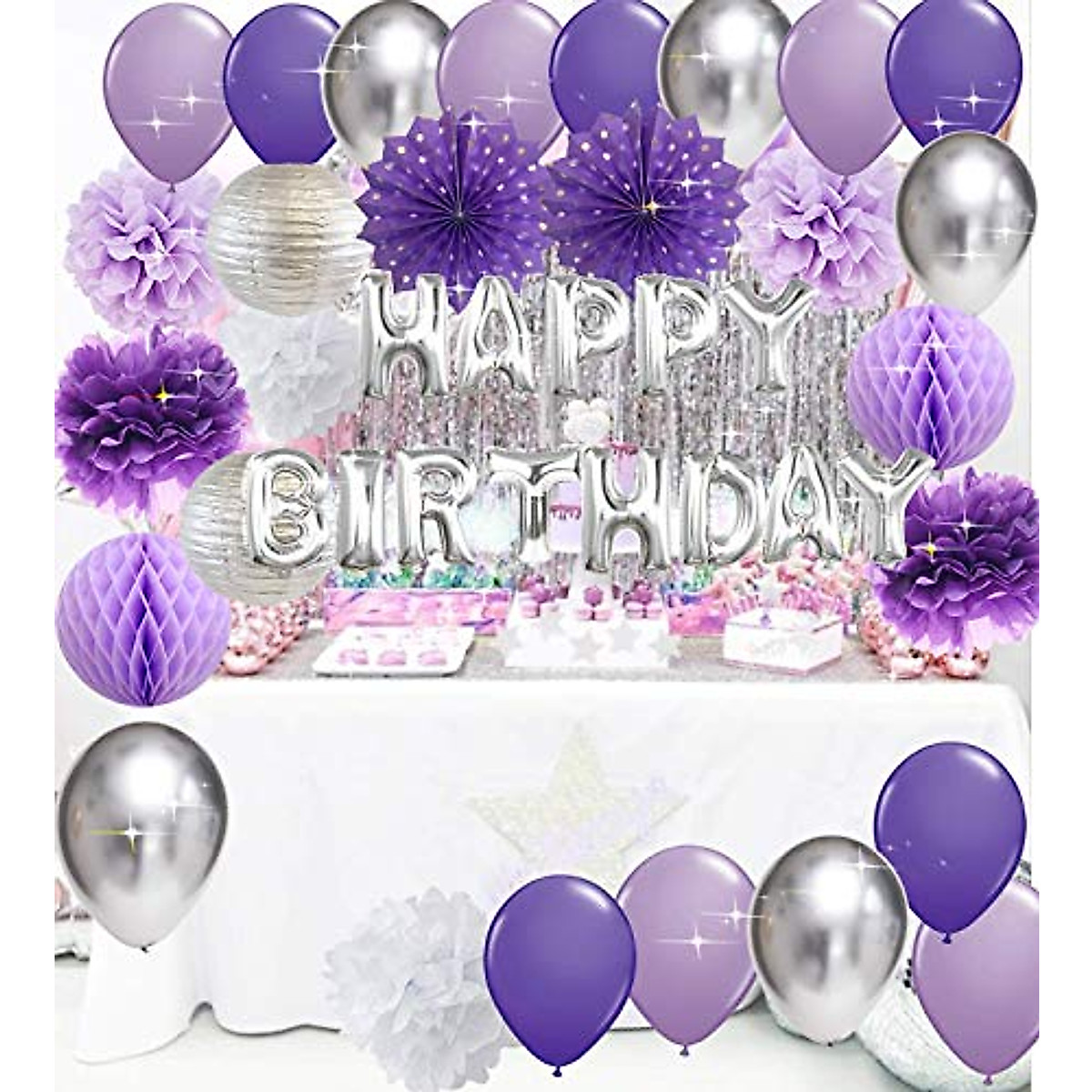 Purple Silver Birthday Decorations for Women Purple Silver Happy Birthday Balloons Latex Balloons Polka Dot Paper Fans/ Women's 30th/40th/50th/60th Birthday/Purple Birthday Decorations