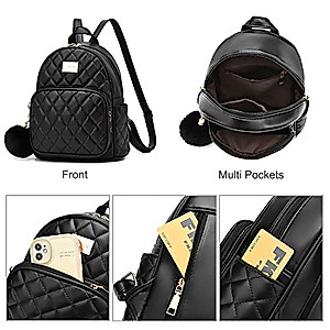 LCFUN Small Backpack Purse for Women Teen Girls Lightweight Travel Shoulder Bag Leather Mini Backpacks Cute Pom Bookbag Black