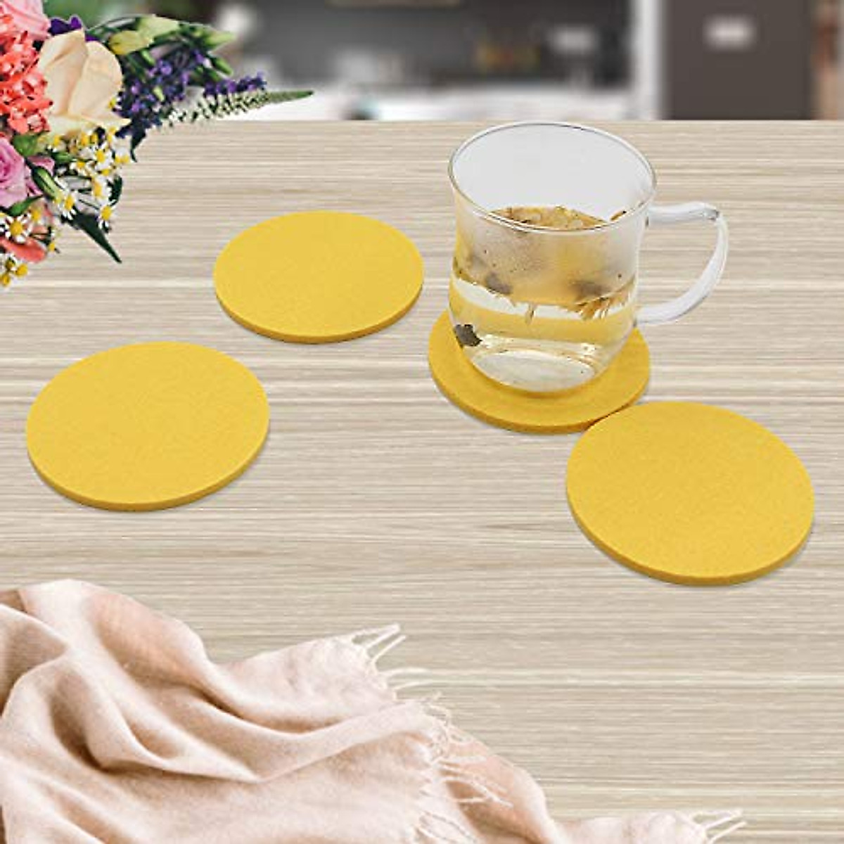 Meffort Inc Set of 10 Felt Coaster Set with Holder, Table Coasters for Drinks, Absorbent & Protect Furniture & Table - Yellow