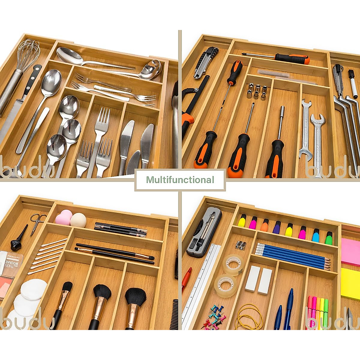 budu Silverware Drawer Organizer #19.7" Depth – Utensil Holder, Kitchen Drawer Organizers for Flatware, Cutlery – Perfect Utensil Organizer for Silverware & Other Kitchen Organization Tools & Storage