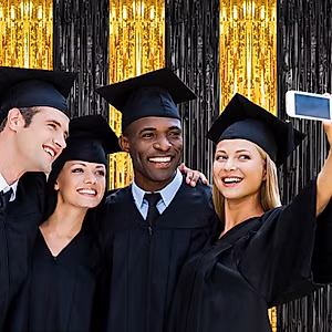 PIGETALE, 2 Pack 3.2x8.2 Feet Black and Gold Tinsel Backdrop Party Decorations, Foil Fringe Curtains Backdrop for Birthday Graduation Wedding Engagement Bridal