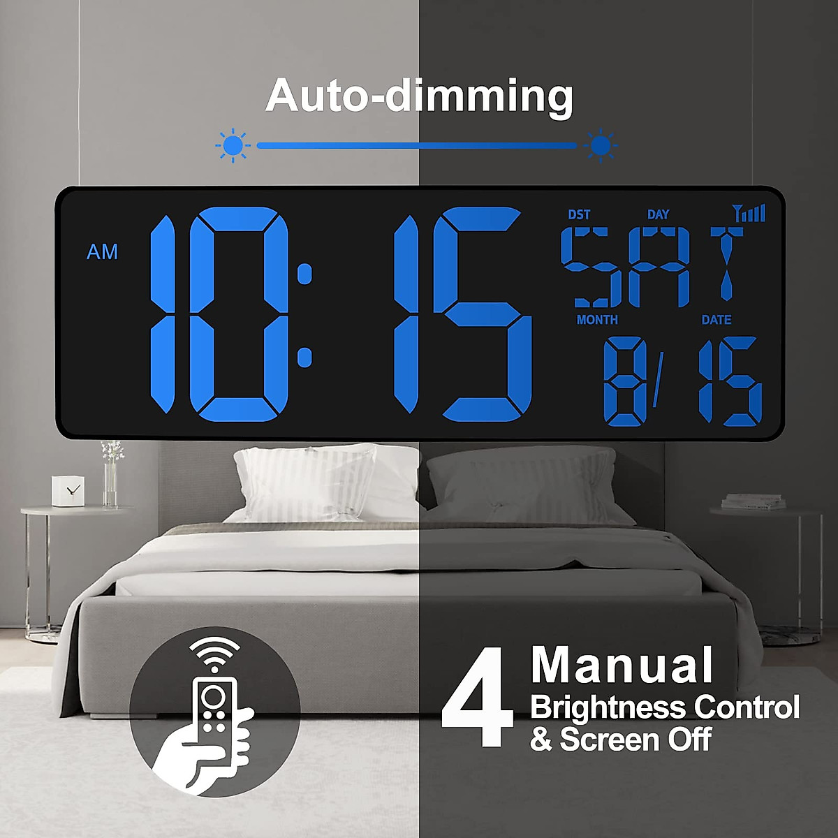 XREXS Large Digital Wall Clock WiFi Sync, 16.5 in Large Display Wall Clock with Temperature/Date/Week, LED Big Digital Timer Clock with Remote Control, Alarm Clock for Home and Office, Auto-dimming