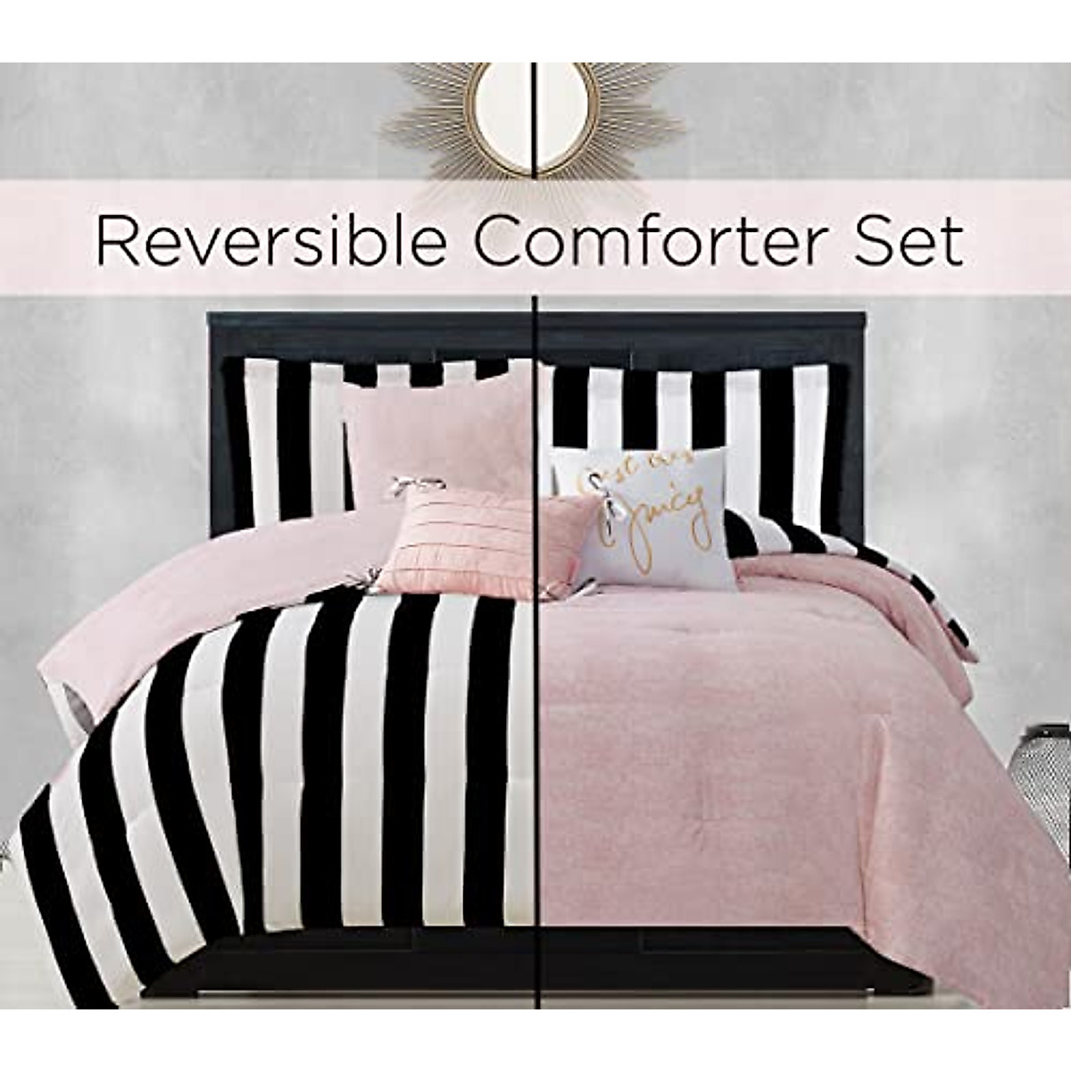 Juicy Couture JYZ010171 Cabana Stripe 6-Piece Reversible Set, King, Canaba Stripe Black